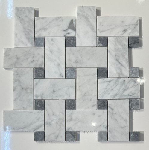 2” x 4” - Large Basketweave - White Carrara with Bardiglio Gray Dot ...