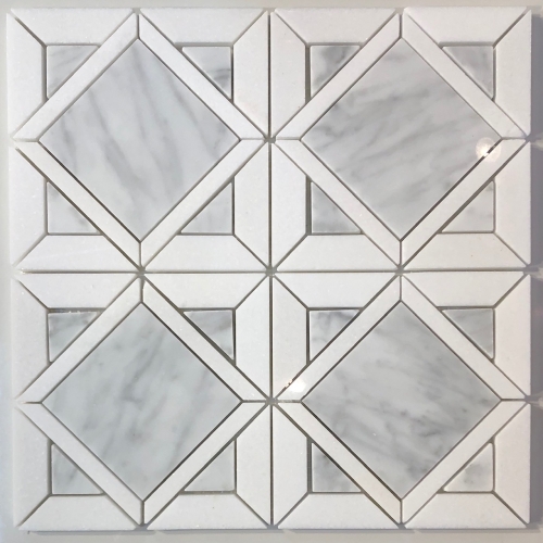 Late Mist - White Carrara + White Thassos - Polished Marble Mosaic Tile
