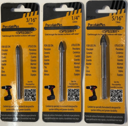 Porcelain Plus Speed Drill Bits - Sizes : 3/16” “, 1/4”, 5/16” - For ...